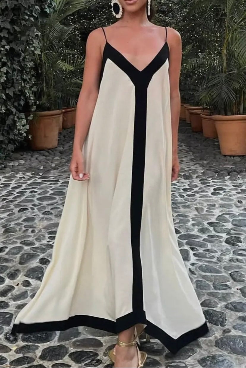 Rosa Clothing Plunge Classic Black White Contrast Slip Maxi Dress ...